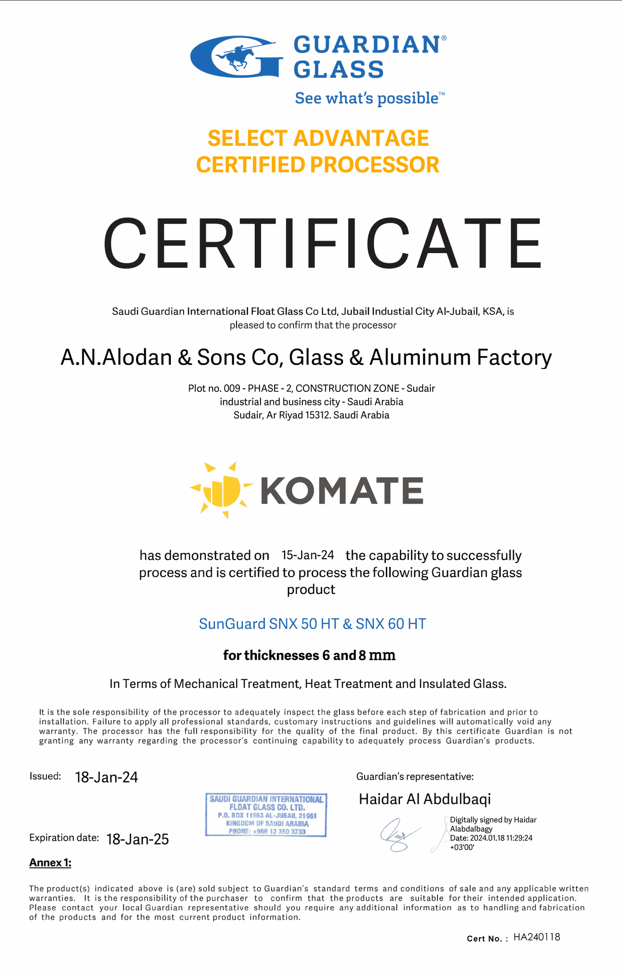 Certifications | Komate Glass
